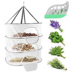 QKDS Herb Drying Rack 3 Layer Hanging Mesh Net, 2pcs/Set Herb Dryer Hanging Rack with Herb Stripper, Foldable Hanging Mesh Dryer for Buds, Fruits, Vegetables, Fish, Clothes, Doll(White)