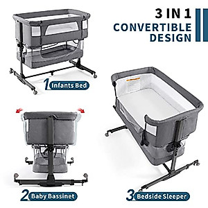 Ihoming Bassinet Bedside Sleeper for Baby, 3 in 1 Convertible Design, lnfant Bed & Bed Side Sleeper & Cradle Bassinets, Newborn Bedside Crib Attaches to Bed, Deep Grey