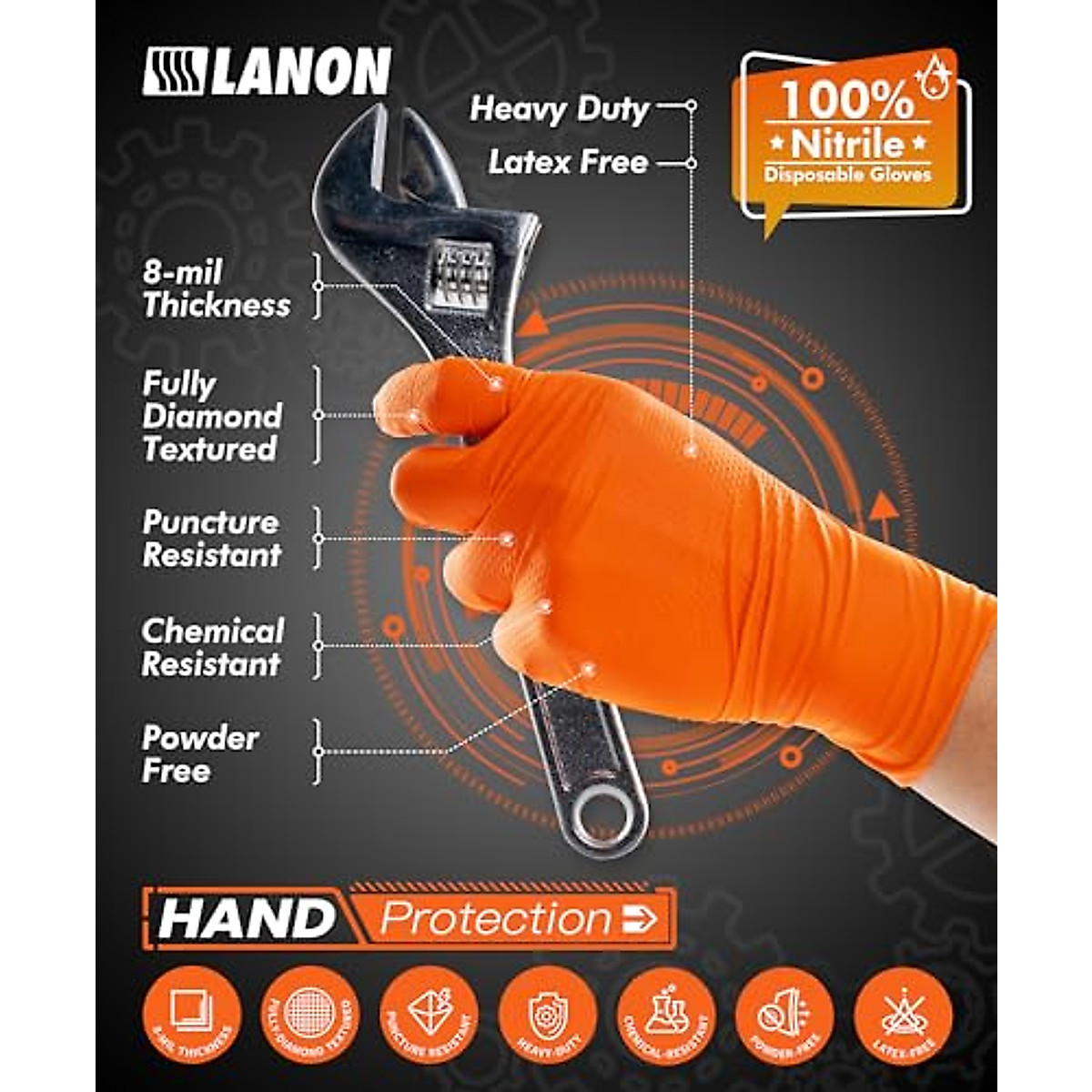 LANON 8mil Orange Disposable Nitrile Gloves, Mechanic, Heavy Duty, Food Safe, Latex Free, Powder Free, Fully-Diamond Textured, Large