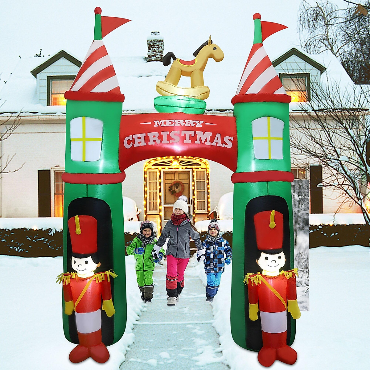 DR.DUDU 9 FT Chritmas Inflatable Arch with Soldier, Merry Christmas Archway Castle Inflatable, Blow Up Decor with Built-in LED Lights, Christmas Outdoor Decor for Yard Garden Lawn Xmas Holiday Party