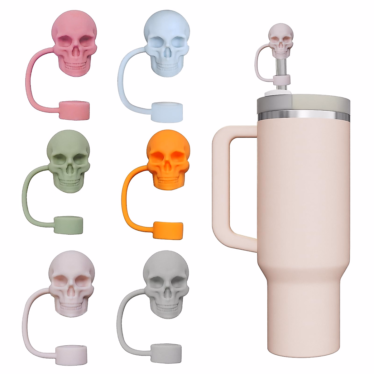 6 PCS Cute Skull Straw Covers Cap for Stanley Cup 30 40 oz, 10mm 0.4in Silicone Reusable Drinking Straw Toppers, Funny Tumbler Accessories for Halloween Christmas Gifts