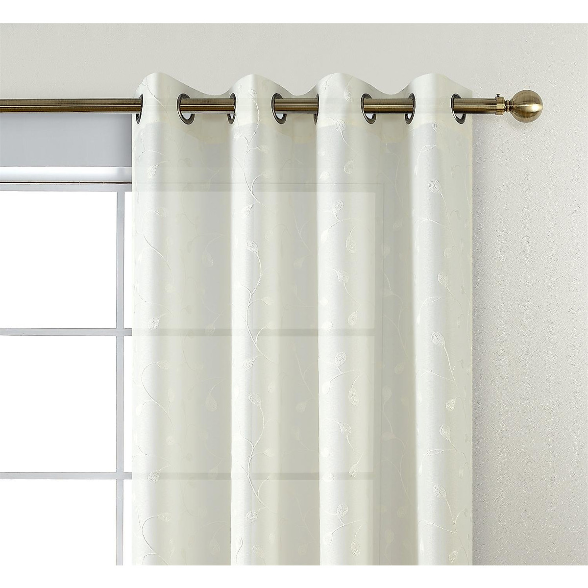 MIUCO Floral Embroidered Semi Sheer Curtains Faux Linen Grommet Curtains for Girls Room 52 x 84 Inch Set of 2, Off White