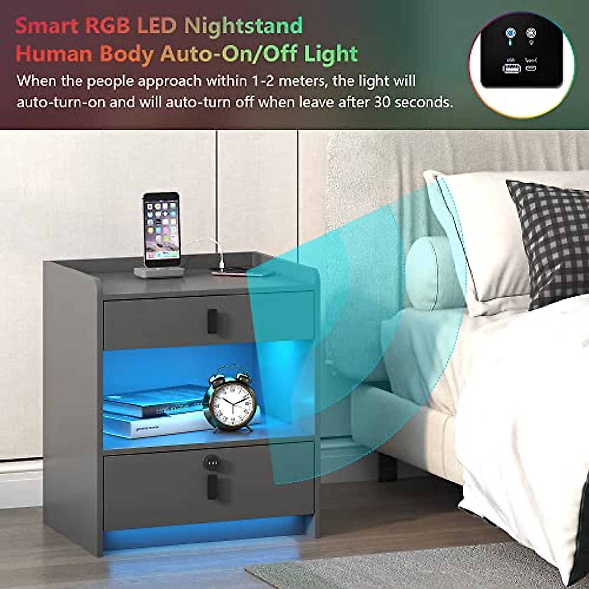 Vlsrka Nightstand with Charging Station, Night Stand with Drawers, LED Nightstands with 24 RGB Colors, Modern Side Table with USB Ports and Open Shelf, Bedside Table for Bedroom, Grey
