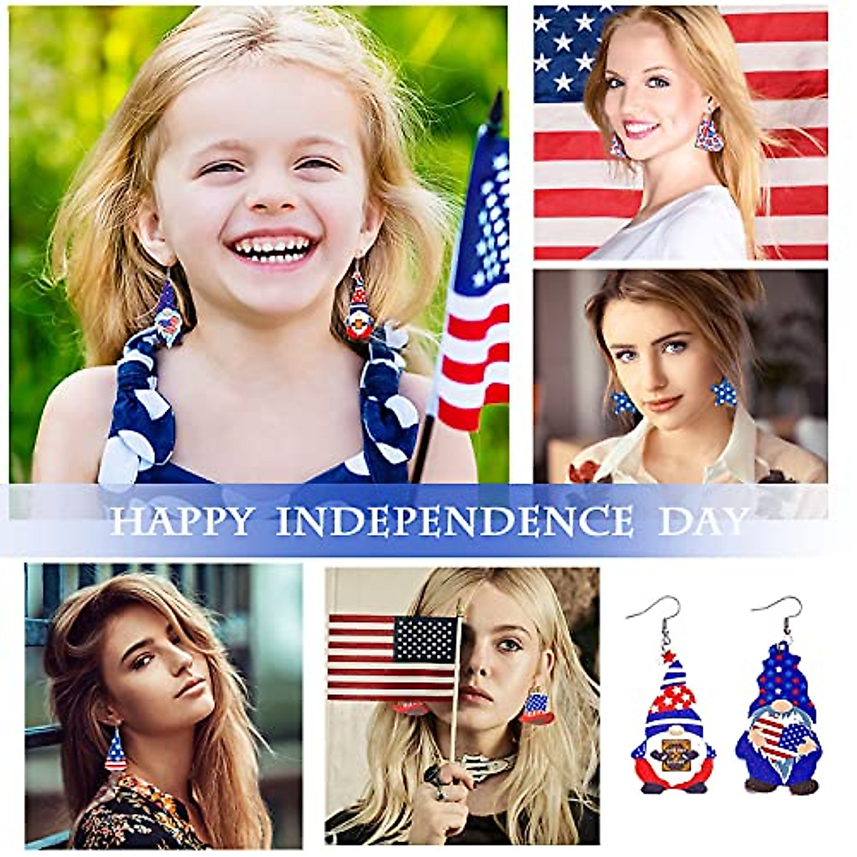 MOROYA 25 Pairs 4th of July Independence Day Leather Earings for Women Lightweight Star Gnome Smile Hat Patriotic Teardrop Dangle Earrings American Flag Earrings Set July 4th Decoration