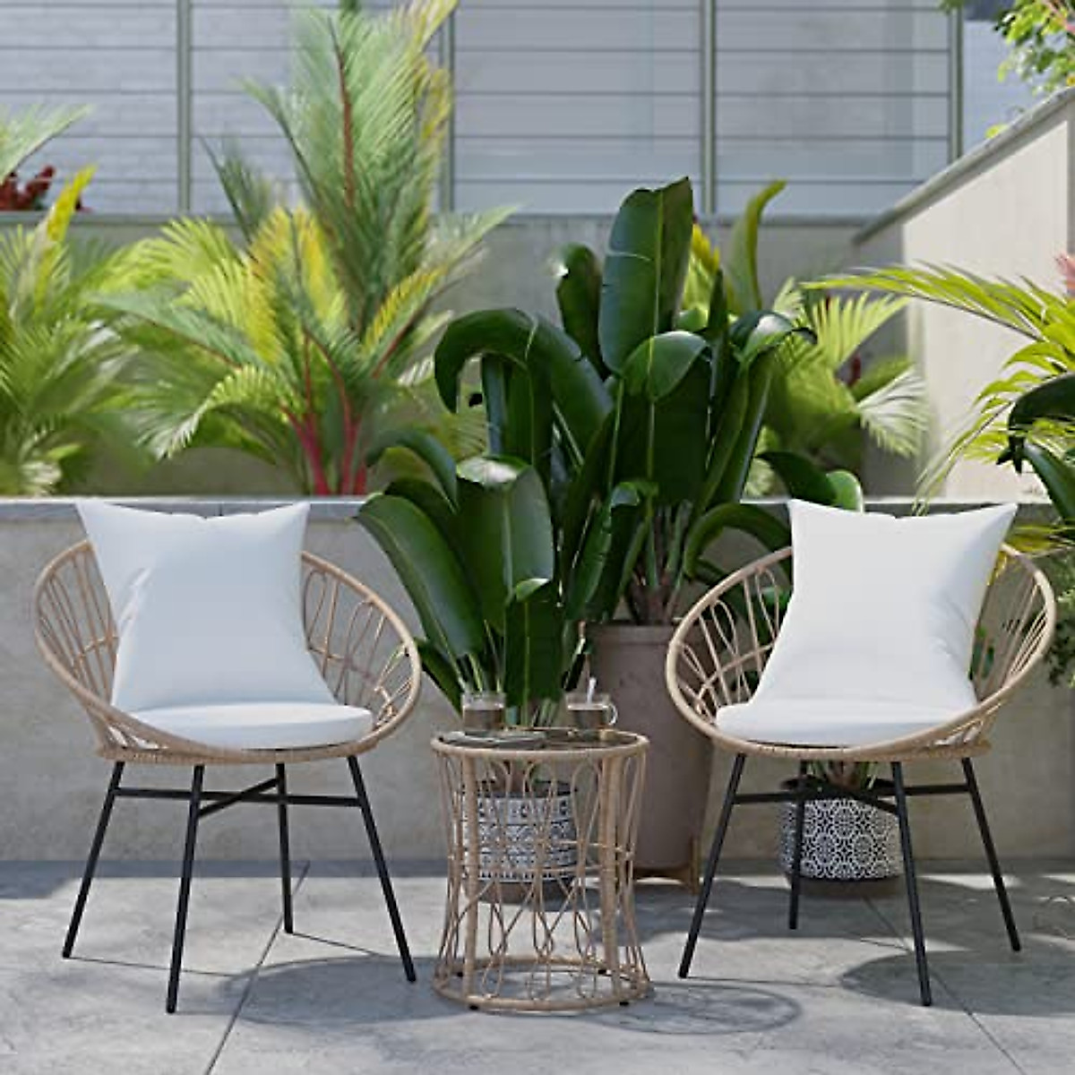 Flash Furniture Devon Indoor/Outdoor Bistro Set - Tan Finish Rattan Rope Papasan Style Chairs and Glass Top Side Table - Light Gray Back and Seat Cushions, 15.75x15.75x25, 3-Piece