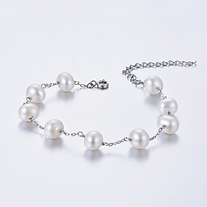 JFUME Pearl Bracelets for Women 925 Sterling Silver Rhodium Plated 8-9mm White Cultured Freshwater Pearl Bracelet 7.5inches Adjustable