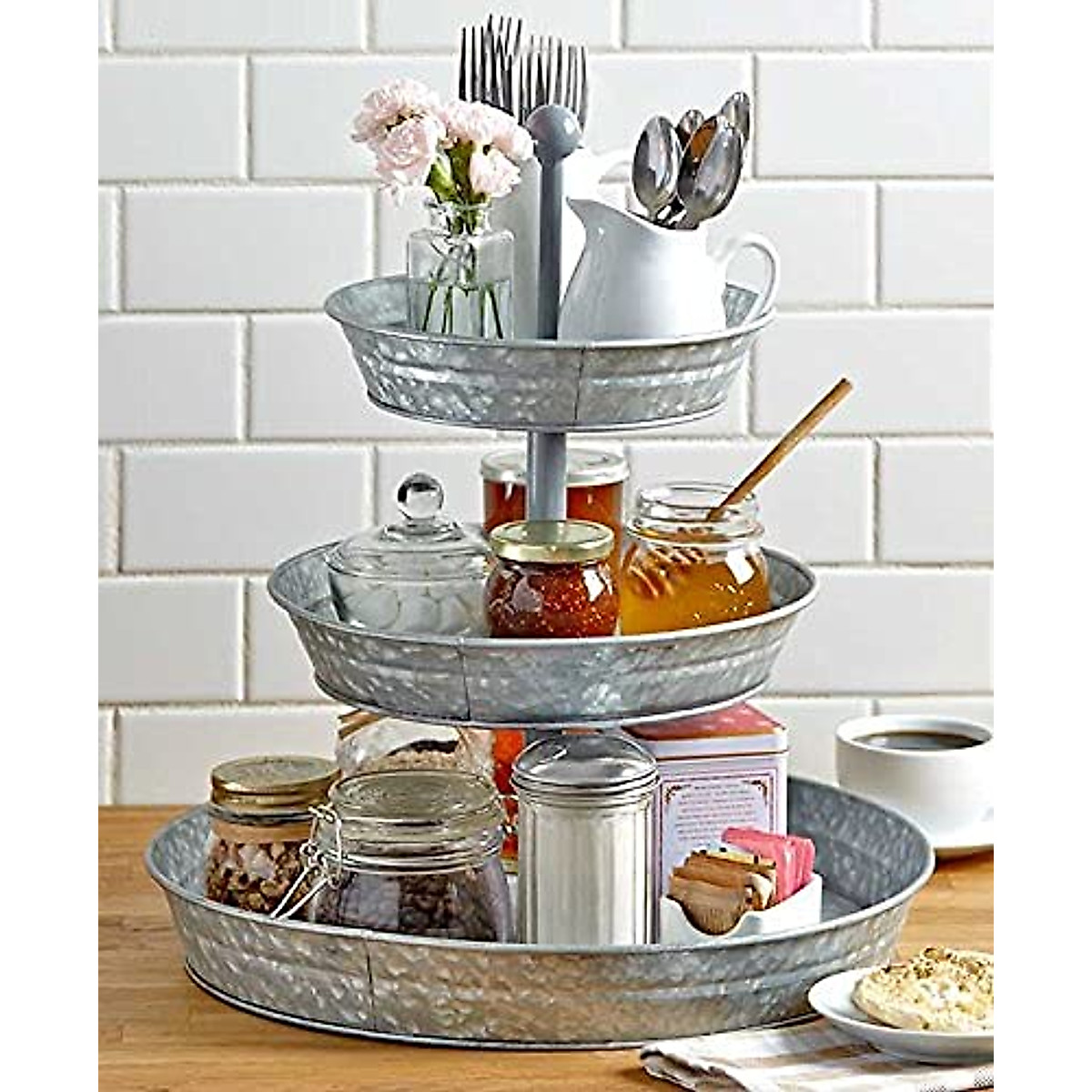 GetSet2Save Vintage Galvanized 3 Tier Serving Tray Rustic Country Farmhouse Kitchen, one size, Silver