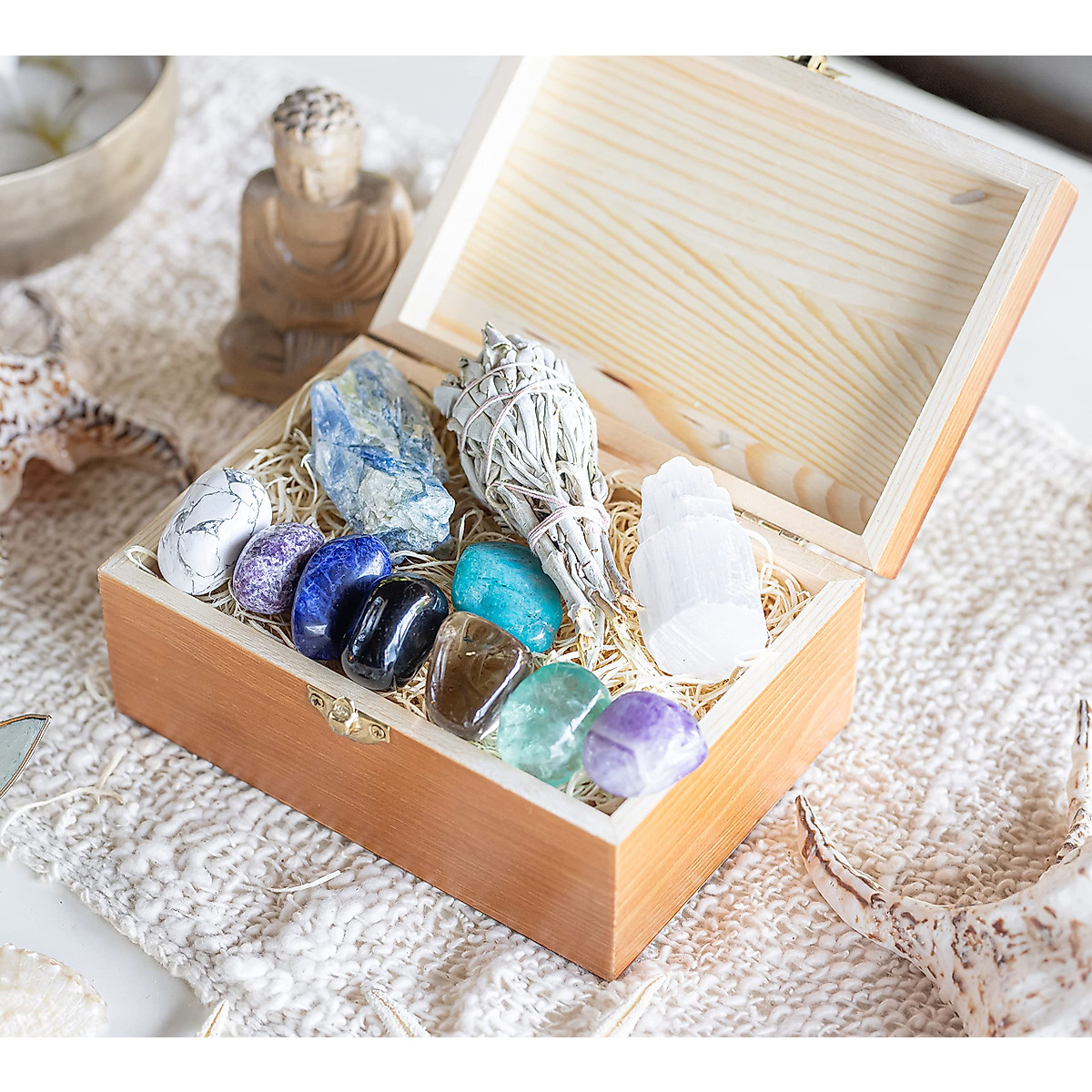 CRYSTALYA Calming Large Sleep Crystals and Healing Stones in Wooden Gift Box + 50pg EBOOK, Stress and Anxiety Relief - Amethyst, Lepidolite, Fluorite, Smoky Quartz, Selenite, Sage, and Info Guide