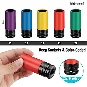 DURATECH 1/2 Wheel Protector Impact Socket Set, Lug Nut Sockets With Non-Marring Protective Sleeve, 15 17 19 21 22 mm Metric Sockets, CR-MO Alloy, Color-Coded, Great Gifts