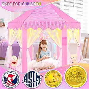 EVOIONOS Princess Tent for Girls, Kids Play Tent with LED Star Lights, Castle Playhouse for Children Indoor Outdoor Games, 55X53 inches, Pink
