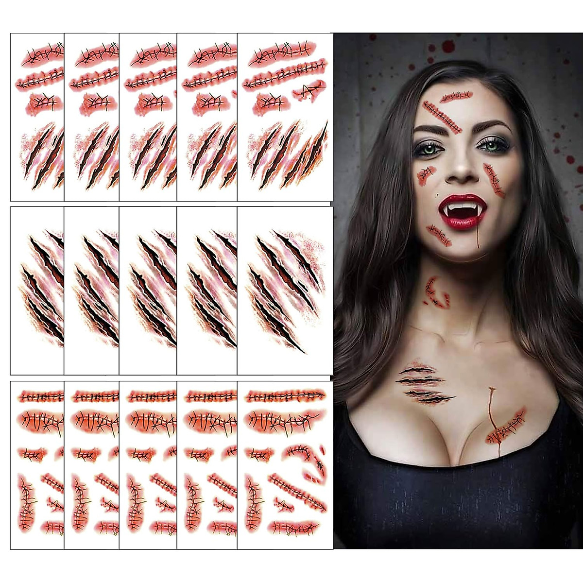 Halloween Scar Scab,15 Sheets Waterproof Temporary Tattoos Sticker for Masquerade, Prank Makeup Props,Party Costume