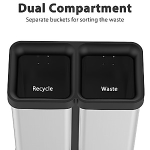 2x5.3 Gallon Dual Trash Can, Dual Compartment Garbage Can for Waste and Recycling, Open Top, Lidless Stainless Steel Kitchen Trash Can, Garbage Bin for Kitchen, Office, Dining Room, Living Room