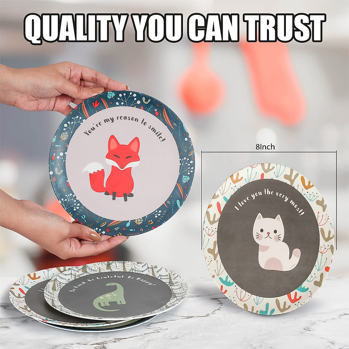 BeeBon Beauty Home Bamboo Plates for Kids - Set of 4 Pack Super Cute Dog, Dinosaur, Fox & Cat