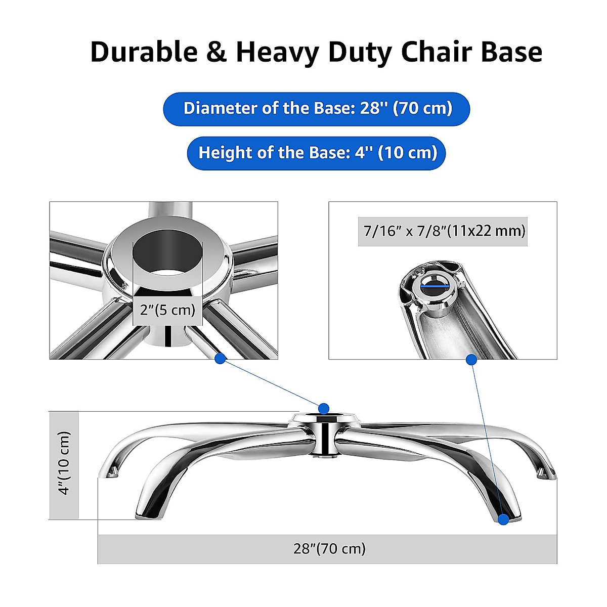 MASTERY MART Office Chair Base Replacement, 28 Inch Heavy Duty(2500 Lbs) Metal Leg, Reinforced to Repair Swivel Gaming Chair Bottom Part with Universal Caster and Gas Cylinder Size (Silver)