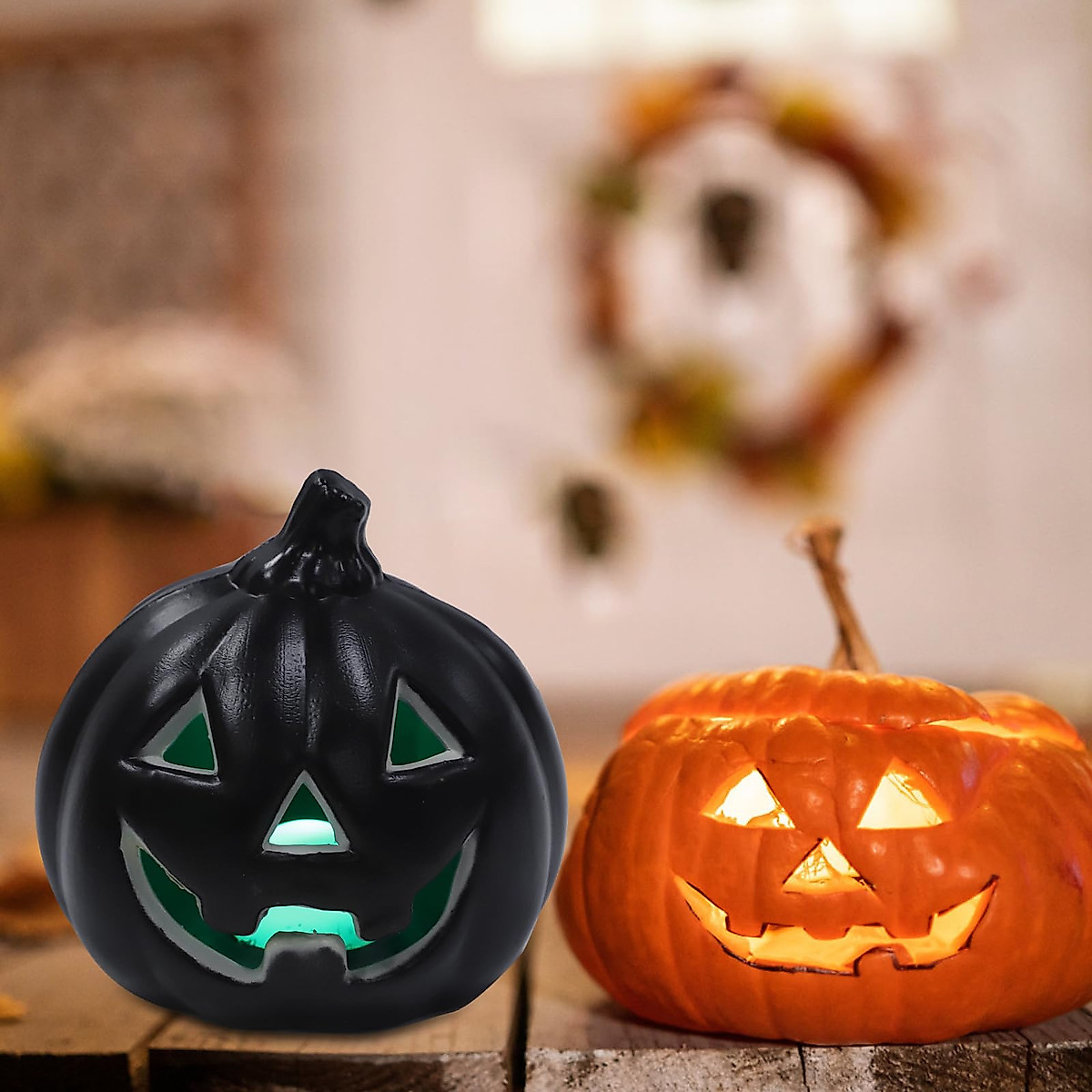 Uonlytech Halloween Pumpkin Lights Battery Operated Black Jack-o-Lantern Light Flameless Candles Pumpkin Lamp Decoration for Halloween Party Favor Decoration (Without Batteries)