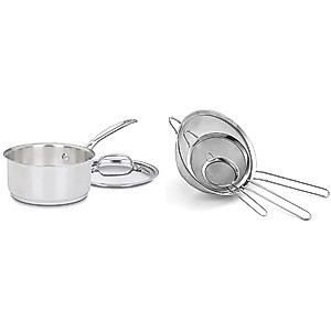 Cuisinart 719-14 1-Quart Chef's-Classic-Stainless-Cookware-Collection, Saucepan w/Cover & CTG-00-3MS Set of 3 Fine Set of Mesh Strainers, 1, Stainless Steel