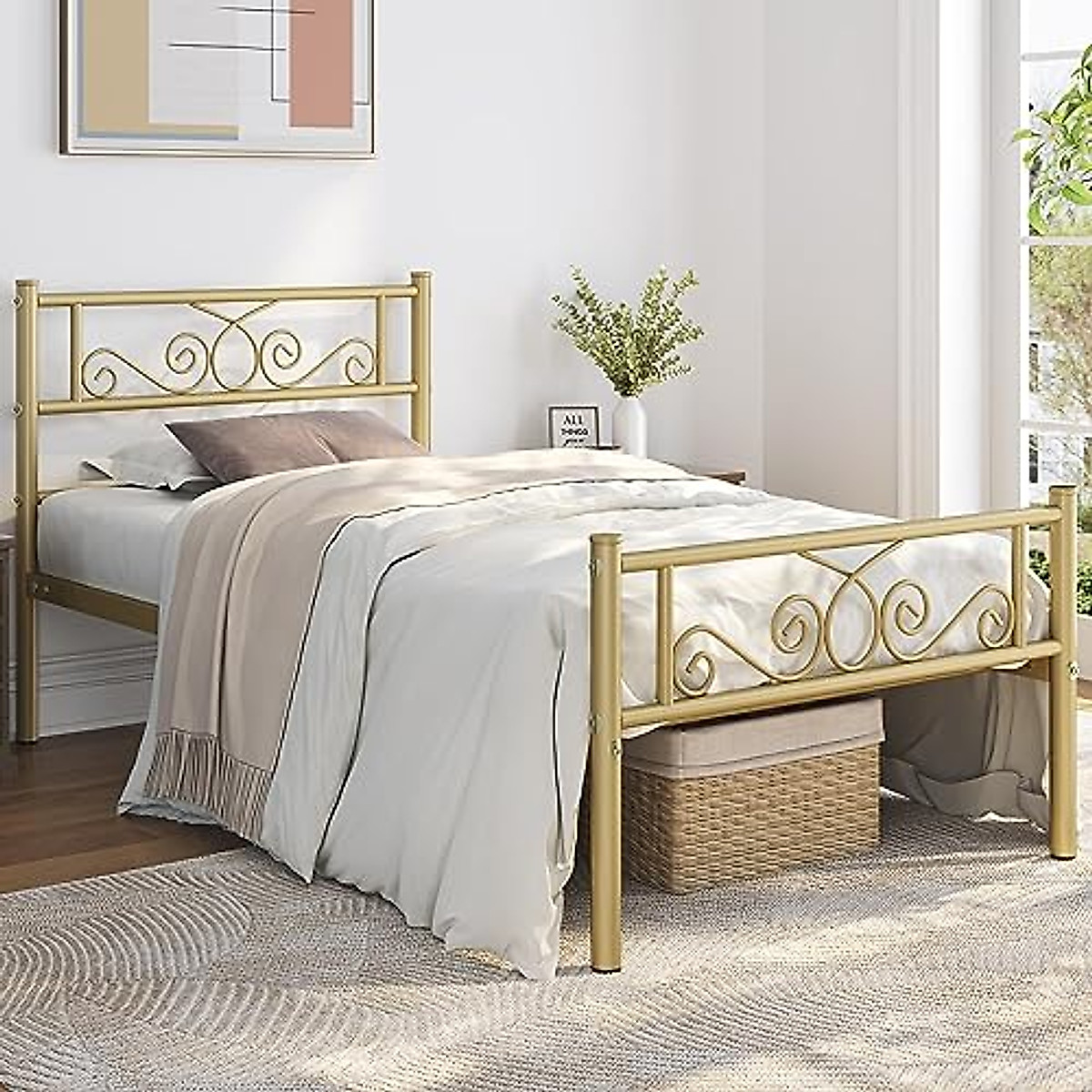 Yaheetech Twin Bed Frames Metal Platform Bed with Headboard and Footboard No Box Spring Needed Easy Assembly,Ground Clearance: 12.6''/Antique Gold/Twin Bed