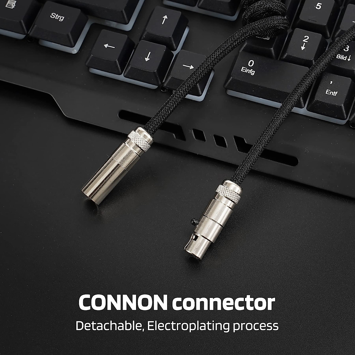 CUSTOMIZATIONS Coiled USB c Cable, Customized Gaming Mechanical Keyboard Cable, Handwork Braided + PET mesh, Metal Plug, with Detachable Metal Aviator Connector (Black)