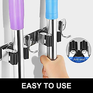 IMILLET Broom and Mop Holder Wall Mounted, Stainless Steel Broom Holder Mop Holder Self Adhesive Heavy Duty Hooks Storage Organizer for Home Laundry Room Garden Garage（3 Racks with 4 Hooks）