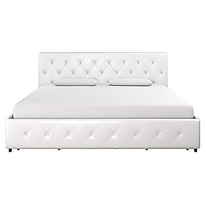 DHP Dakota Upholstered Platform Bed with Underbed Storage Drawers and Diamond Button Tufted Headboard and Footboard, No Box Spring Needed, King, White Faux Leather