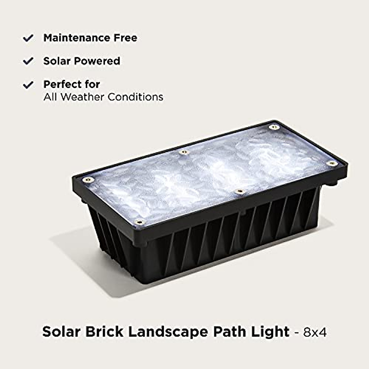 Solar Brick Landscape Path Light, 8x4 Recessed Polyresin Paver, Cool White LEDs, Waterproof, Outdoor Use, No Wires or Plugs - Rechargeable Battery Included