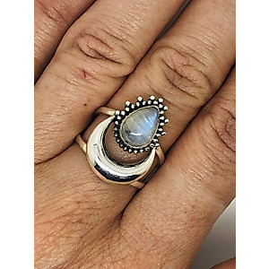 Koral Jewelry Pear Moonstone Ethnic Moon Ring 925 Sterling Silver Vintage Tribal Gipsy Boho Look (8)