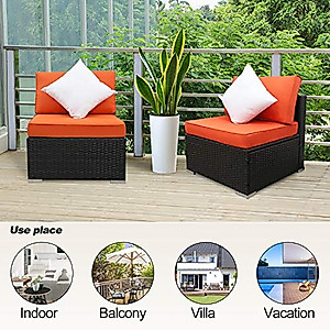 Excited Work PE Wicker Outdoor Loveseat 2 Pcs Patio Couch with Washable Cushion and 2 Pillow,Sectional Furniture Conversation Set（Orange）