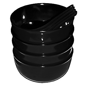 Calvin & Co Set of 4 Melamine Miso Soup Cereal Bowls and Spoons (Black, Small)