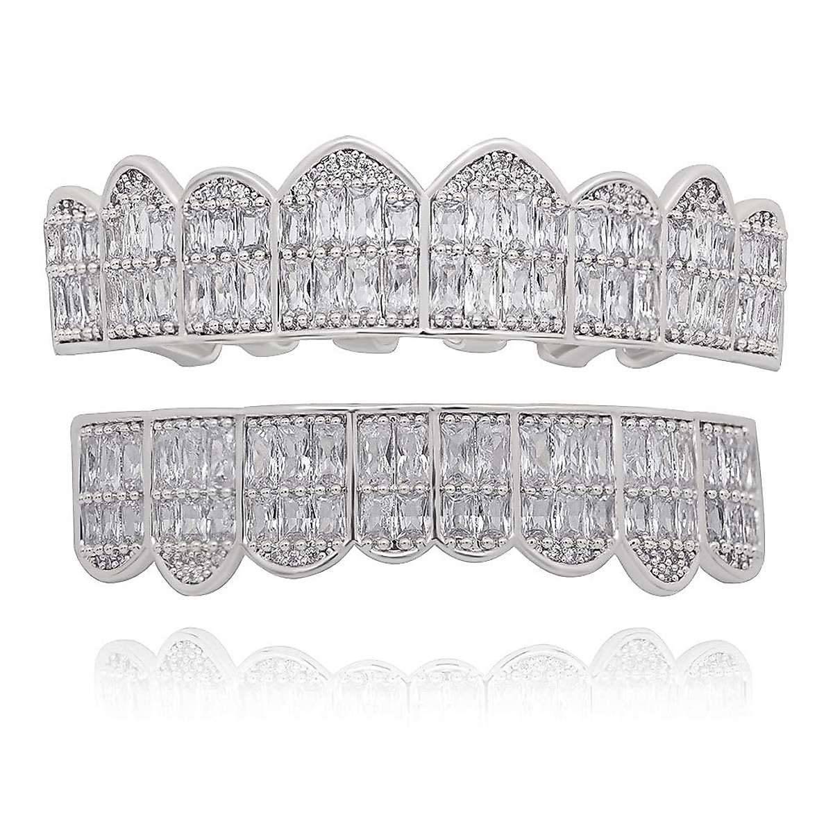 LuReen Gold Teeth Grillz Square Pave CZ 8 Teeth Top Bottom Man Women Grillz Diamonds Grillz+ 2 Extra Molding Bars for Halloween Costume Cosplay