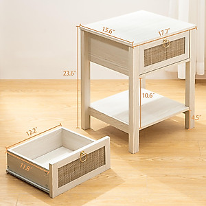 SICOTAS White Nightstand Set of 2,Rattan Decor Drawer with Brass Knobs Night Stand Wood Bedside Table Boho End Tables Side Tables with Storage Shelf