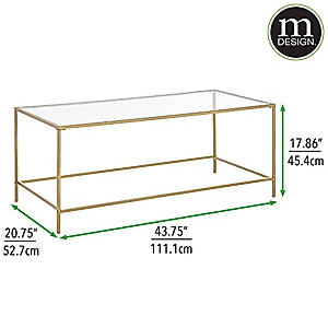 mDesign Glass Top Coffee Table - Large Minimalistic Rectangular Geometric Metal Accent Furniture Unit for Living Room, Basement, Home Office, Garage, and Bedroom - Soft Brass