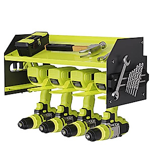 Drill Storage Rack，Power Tool Organizer Drill Holder Wall Mount， Drill Organizer for Garage, Workshop,Drill Bit Storage Shlef, Holds 4 Drills with Screws Box (Green-2 Layer)