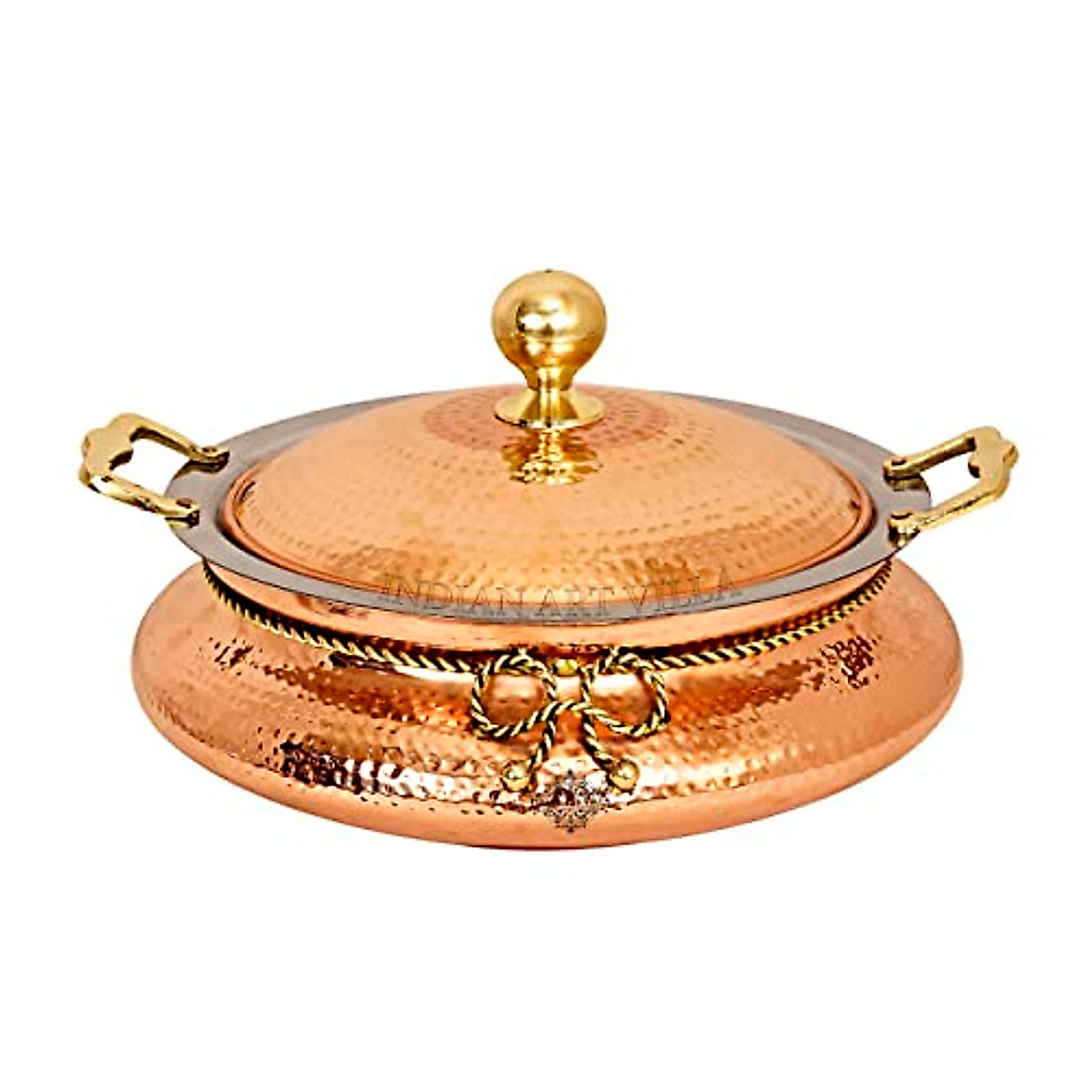 Indian Art Villa Steel Copper Hammered Chafing Dish With Brass Knob And Handles, Capacity - 8 Liters.
