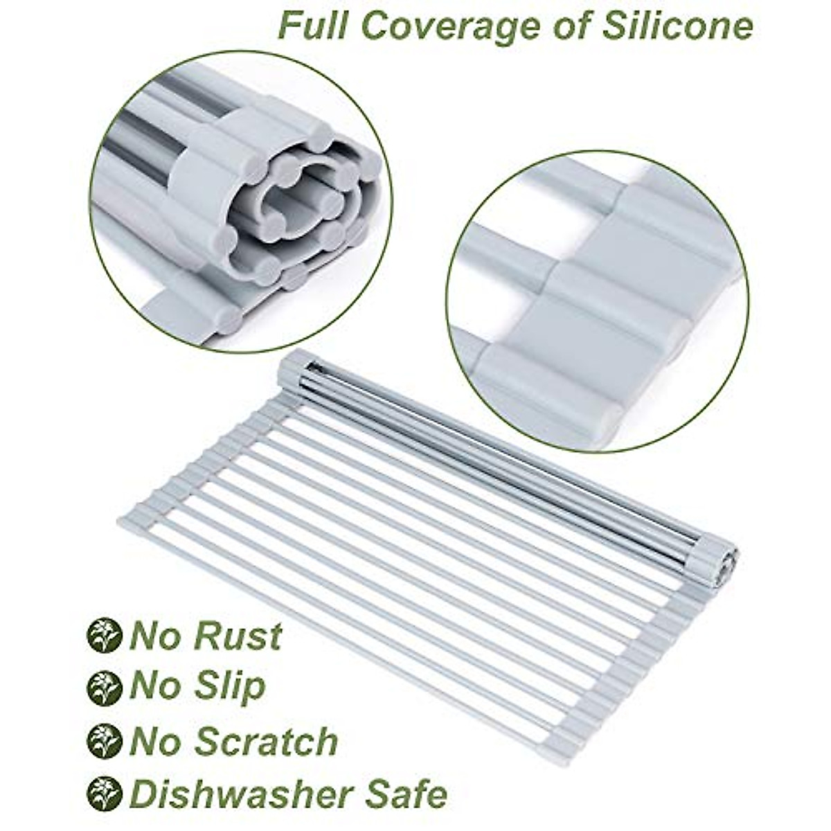 X Home Large Roll Up Dish Drying Rack, 20.5 x 13 Inch Silicone Coated Foldable Dish Rack Over The Sink for Kitchen, Gray