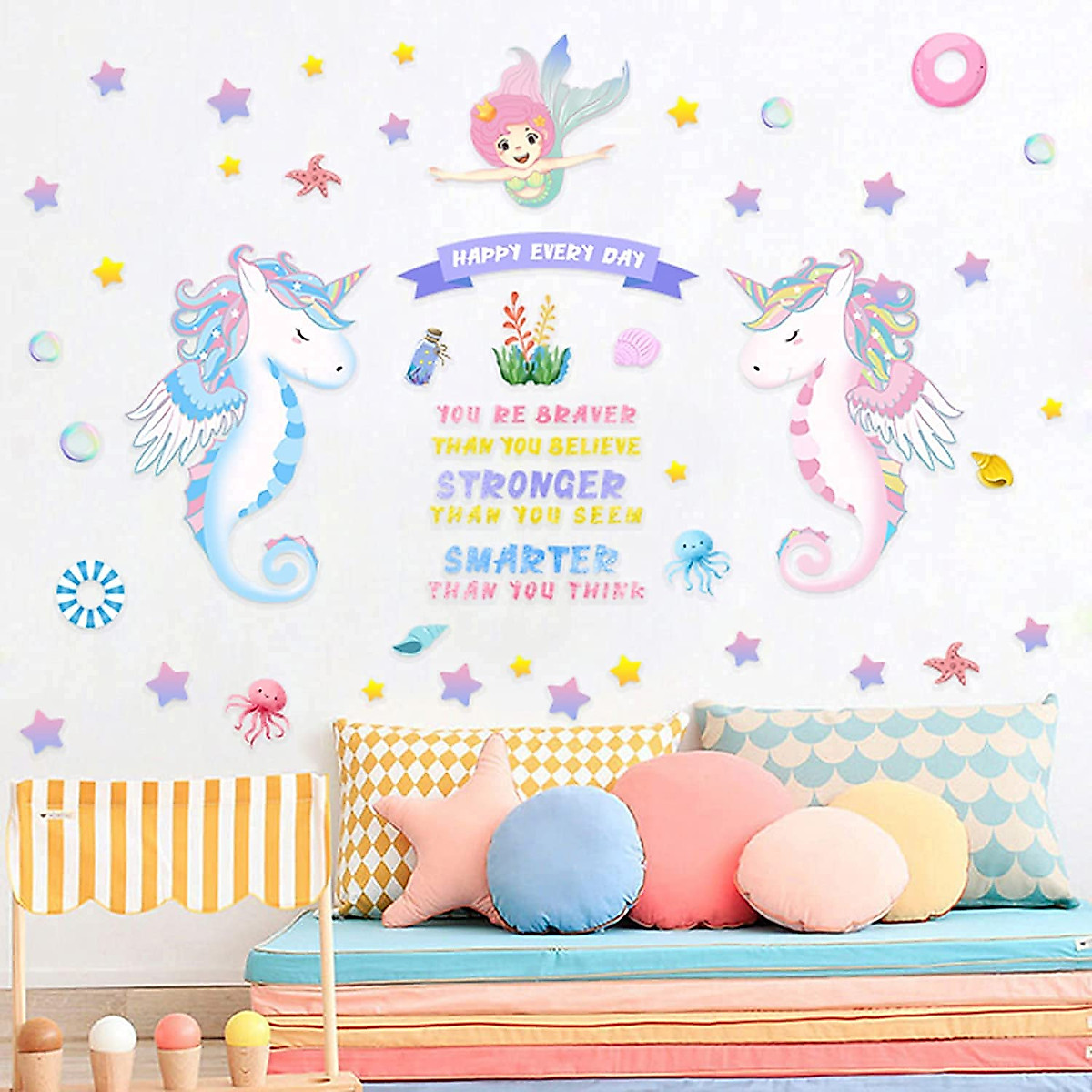 3 Sheets Unicorn Wall Decal Stickers Large Size Unicorn Mermaid Wall Decor for Girls Kids Bedroom Nursery Christmas Birthday Party Decoration Seahorse Unicorn Design