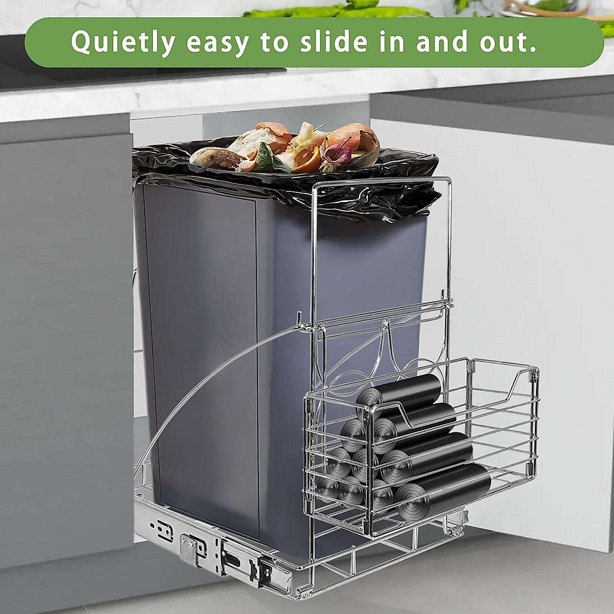 Cabinet Trash Can Pull Out Kit with Removable Front Basket for Garbage Bag Storage, Under Sink Trash Can Slide for 7-11 Gallon/28-44 Qt Garbage Cans Kitchen Trash Can (Not Include Trash Can)