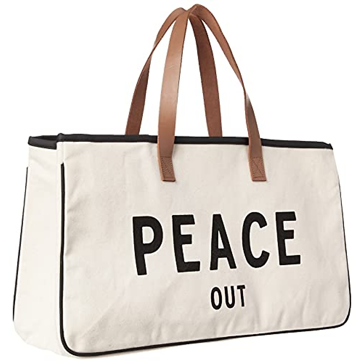 Santa Barbara Design Studio Tote Bag Hold Everything Collection Black and White 100% Cotton Canvas with Genuine Leather Handles, Large, Peace Out