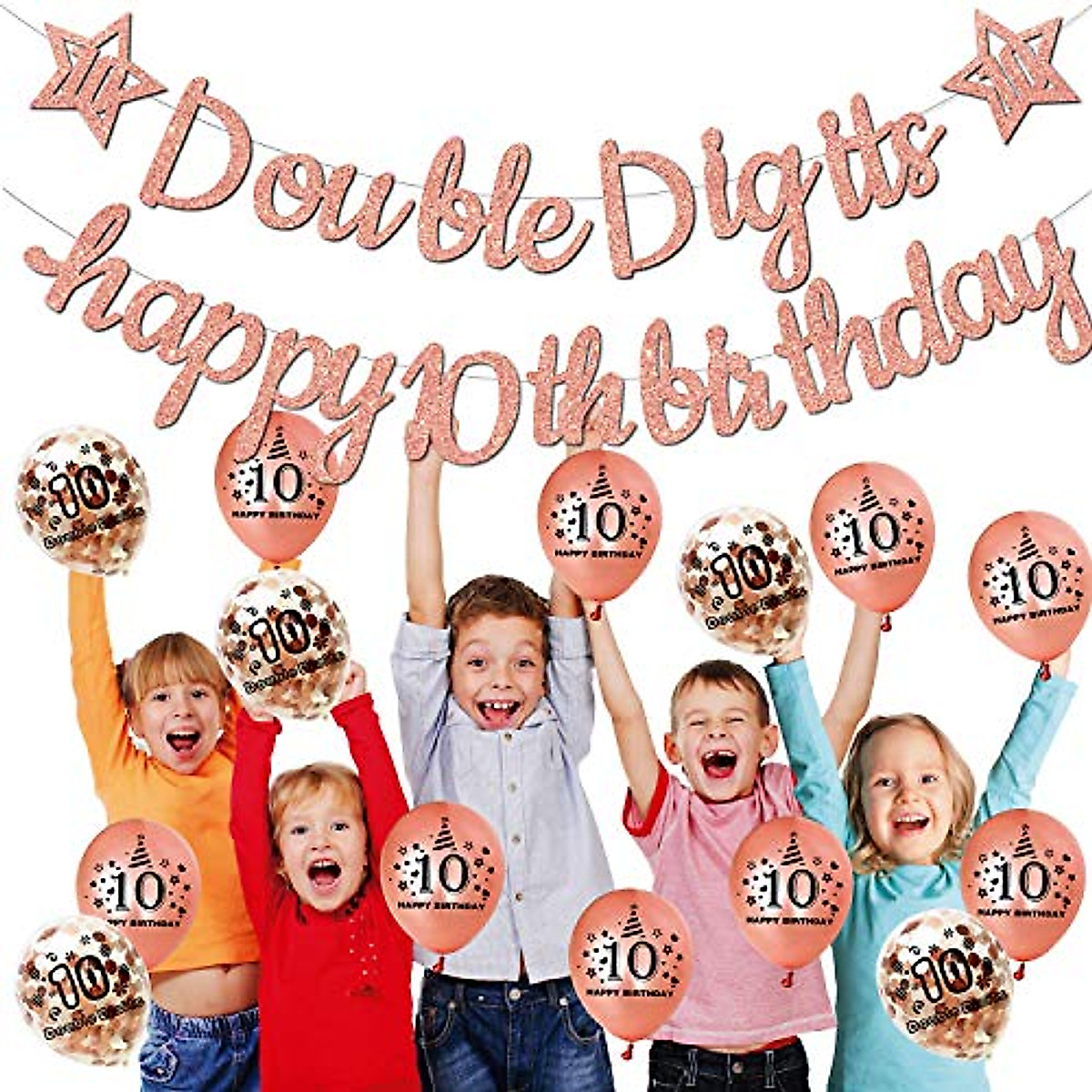 10th Birthday Decorations Banner Balloons - (22pack) Rose Gold Glitter Banner for Girls Boys, Double Digits Banner, Happy 10th Birthday. 20pcs 12 inch Balloons