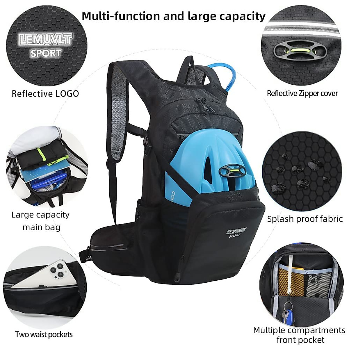 Lemuvlt Hiking Daypack Waterproof Biking Backpack 15L Capacity, Many Compartments Lightweight & Durable- Everyday Backpack for Skiing Skating Snowboarding Hiking Running MTB Cycling(Black)