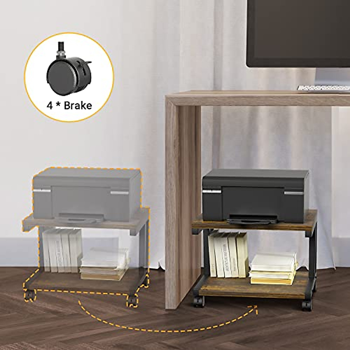 AMERIERGO Printer Stand, Printer Table with Storage, Under Desk Printer Stand with 4 Wheels & Lock Mechanism, 2 Tier Printer Cart for Printer, Scanner, Fax, Home Office Use