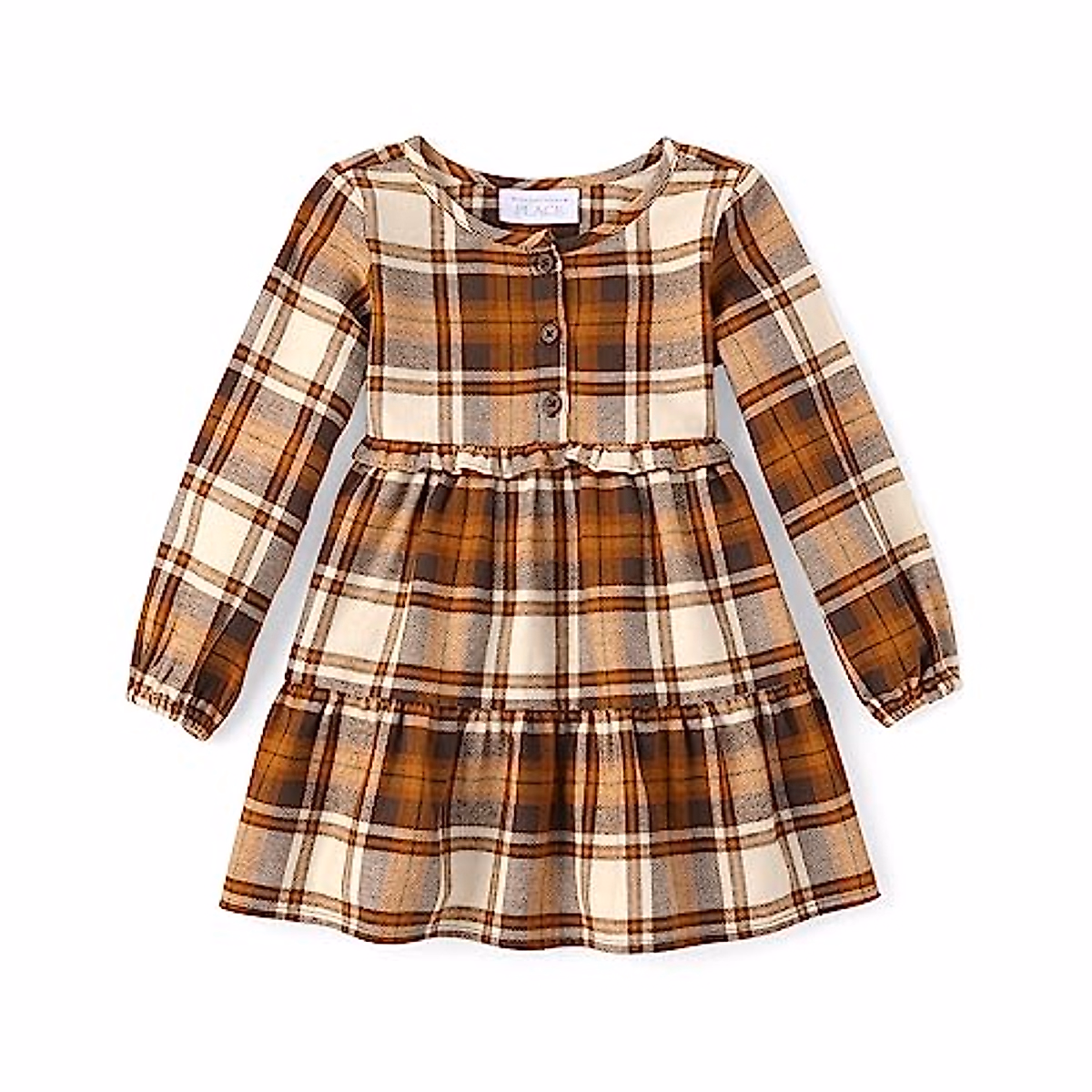 The Children's Place Baby Girls' Plaid Flannel Woven Tiered Dress, HAY STACK, 12-18 Months