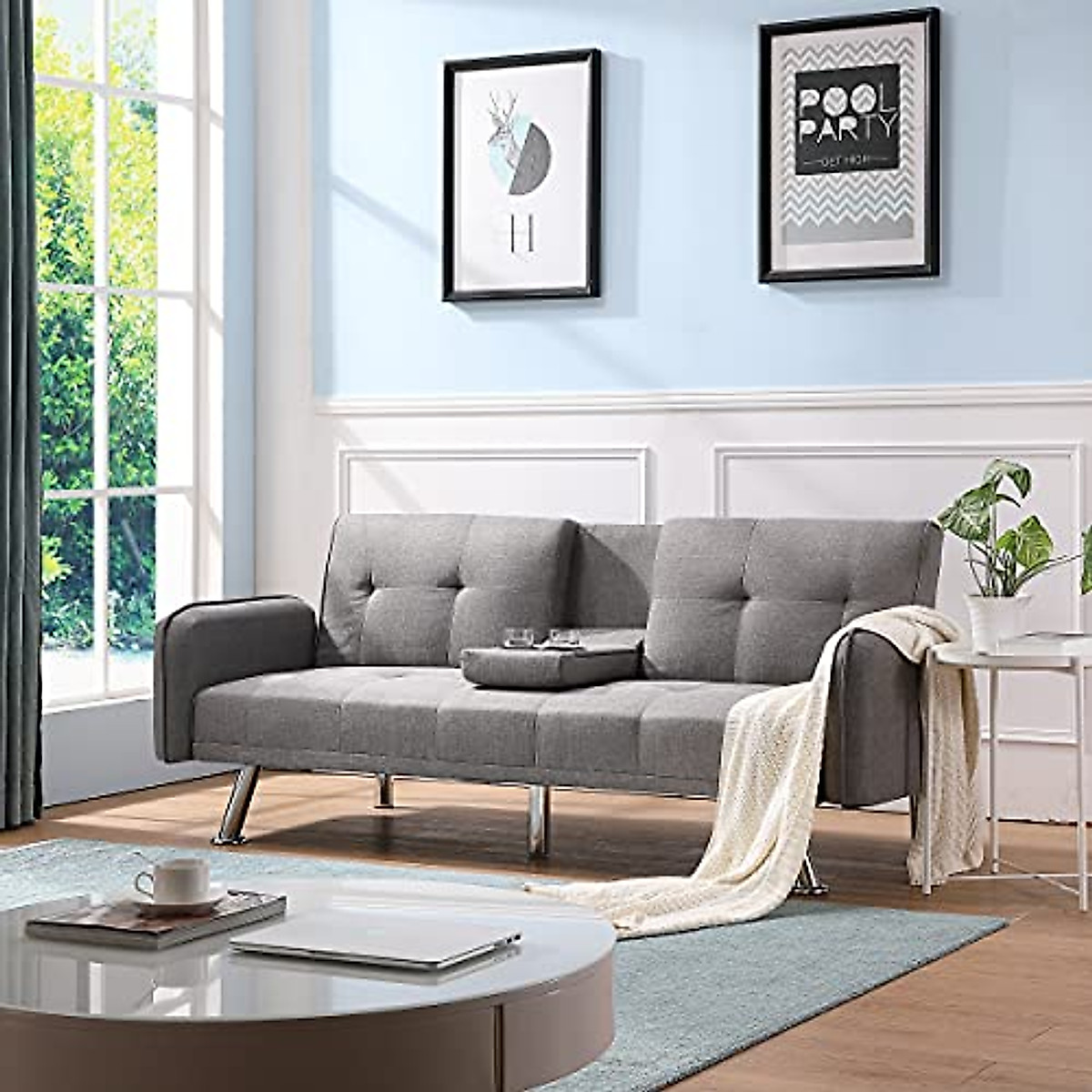 FULife Futon Sofa Convertible Sleeper Couch Bed Daybed Loveseat, Folding Recliner with 2 Cup Holders, Metal Legs, Removable Soft Pillow-Top Armrest for Living Room Small Place, Light Gray 66.1
