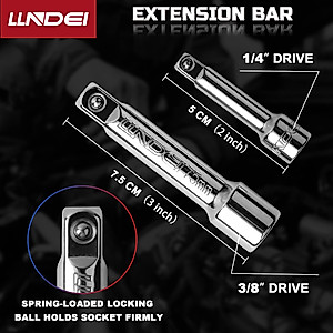 LLNDEI 57pcs 3/8 &1/4 Inch Drive Socket Wrench Sets, Dual Head 72-Teeth 2 Ways Ratchets, 6 Point Metric/SAE Sockets, CR-V, Extensions with 1/4-inch Dr. Bits Set, Universal Joint(5/32-3/4Inch,4-19mm)