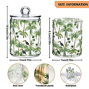 Kigai Cotton Swabs Organizer Tropical Plants Palm Qtip Holder Dispenser with Lid Apothecary Jar Set 2PCS Reusable Clear Plastic Cans for Dry Food