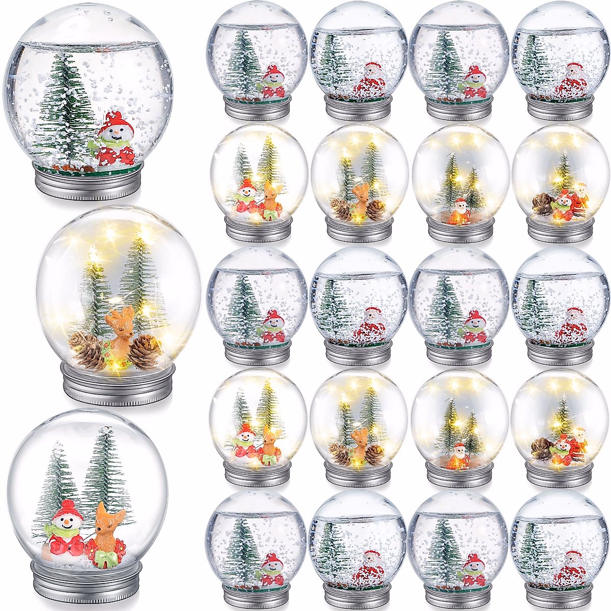 Liliful 24 Sets Lighted DIY Snow Globe Christmas Clear Plastic Snow Globe Kit with Christmas Tree Faux Snow Flake Artificial Pine Cone Santa Claus Snowmen Reindeer Stocking House for Xmas DIY Crafts