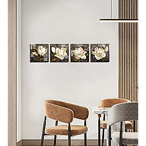 Brown Wall Art Brown Flower Canvas Print for Bathroom Living Room Kitchen Decor Rustic Brown Wall Decor White Flowers Magnolia Floral Canvas Print Art 12x12inchx4pcs