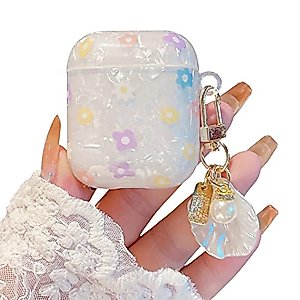 PHOEACC Cute Airpod 1 & 2 Case Flower with Glitter Shell Pearl Keychain Luxury Marble Hard TPU Protective Cover Compatible with AirPods 2nd 1st Generation Case for Girls Teens Women (Floral)
