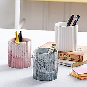 YOSCO Ceramic Vertical Stripes Pen Holder for Desk Cute Pencil Holder Cup Pot Desk Organizer Makeup Brush Holder (Gray)