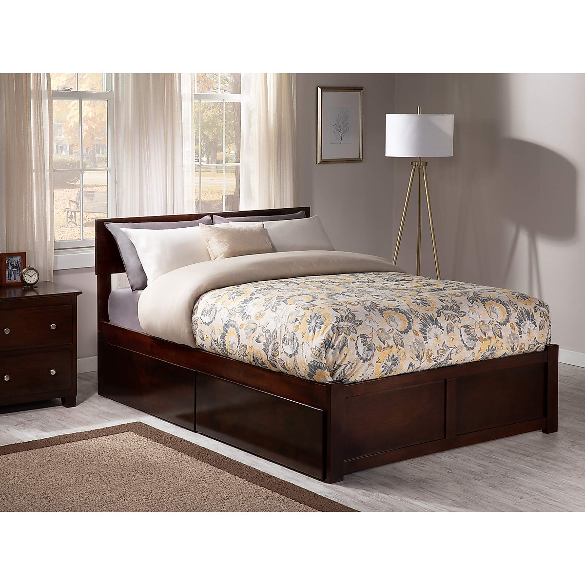 AFI Orlando Full Platform Bed with Flat Panel Footboard and Turbo Charger with Urban Bed Drawers in Walnut