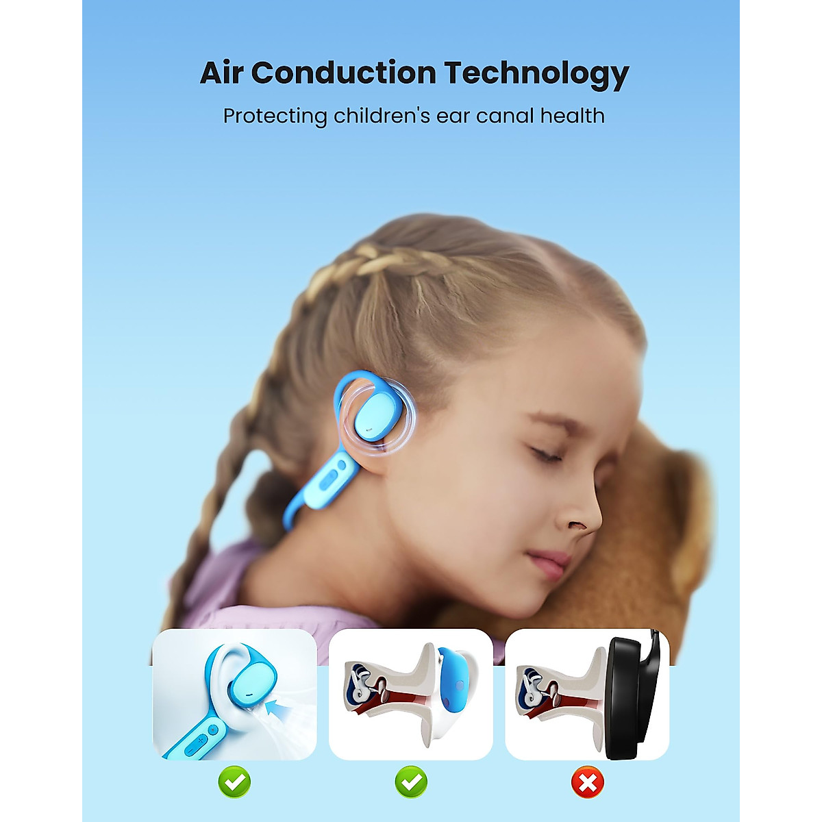 Hinersound Kids Bluetooth Headphones Open Ear Air Conduction,70/85/94dB Volume Control Ultra-Light Wireless Sport Kids Earbuds for Children Travel/Running/Cycling